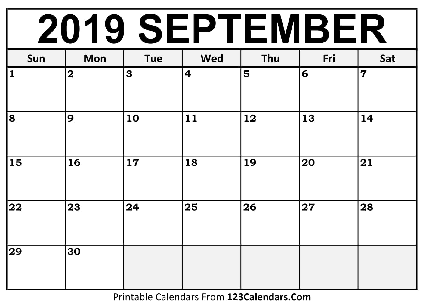 September 2019 Calendar Blank Easily Printable 123Calendars