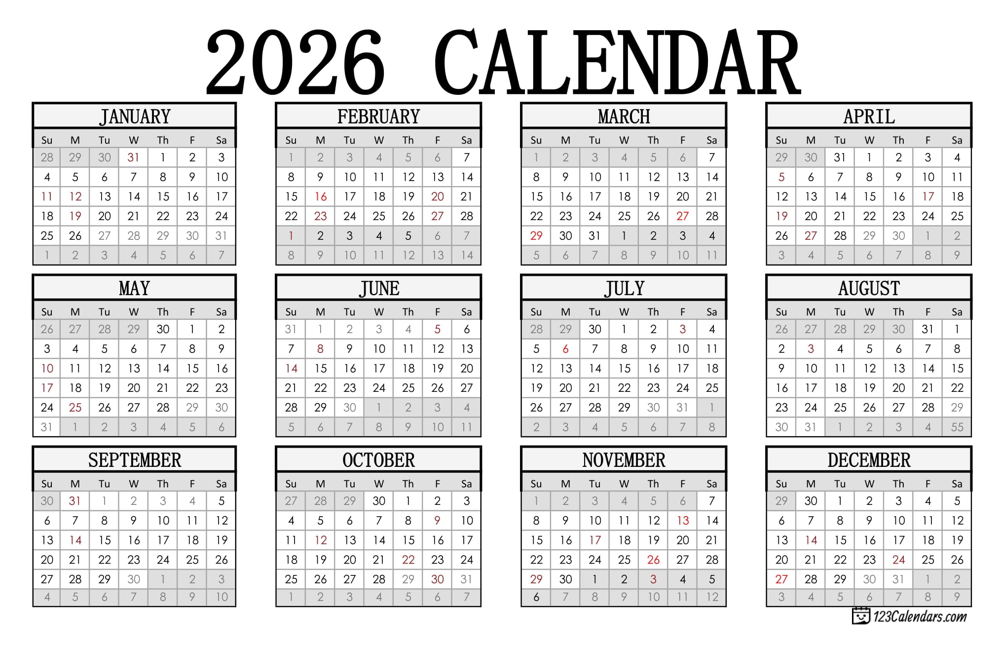 Year 2026 Calendar Templates 123Calendars Year 2026 Calendar Templates 123Calendars