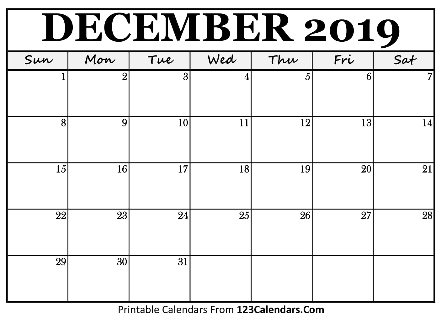 December 2019 Printable Calendar 123Calendars